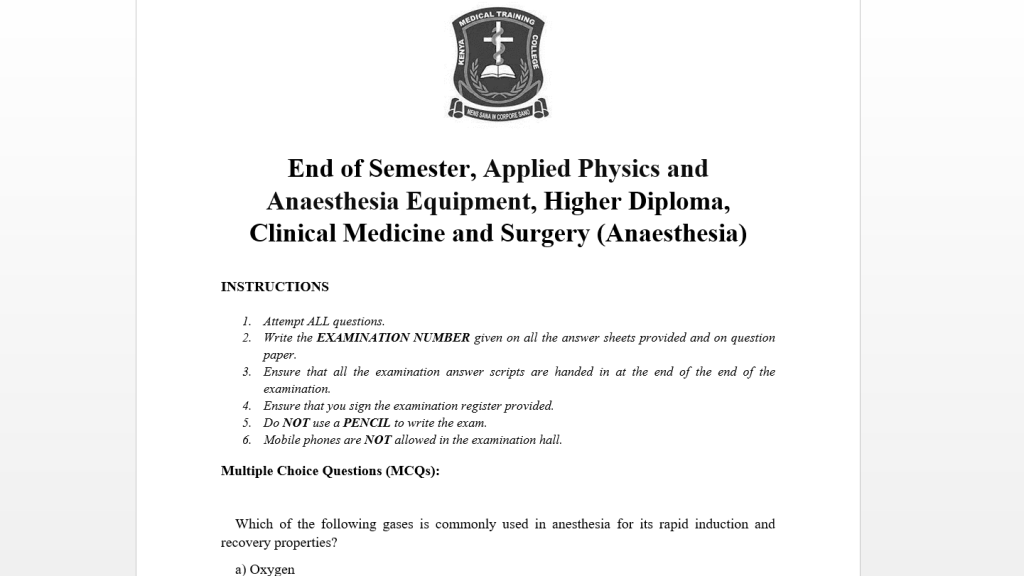 End of Semester, Applied Physics and Anaesthesia Equipment, Higher ...